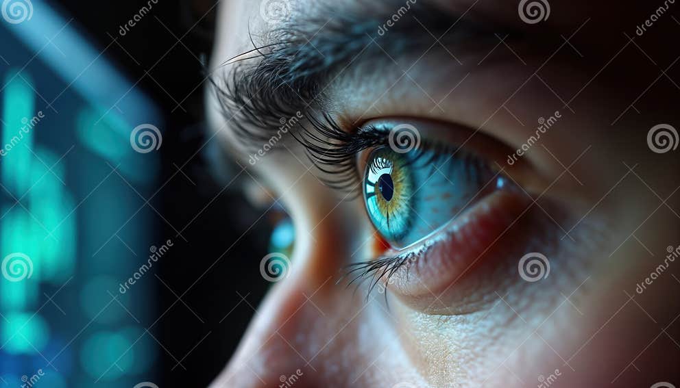 Close-up View of Person Eye Focused Intently. Reflection of Complex ...