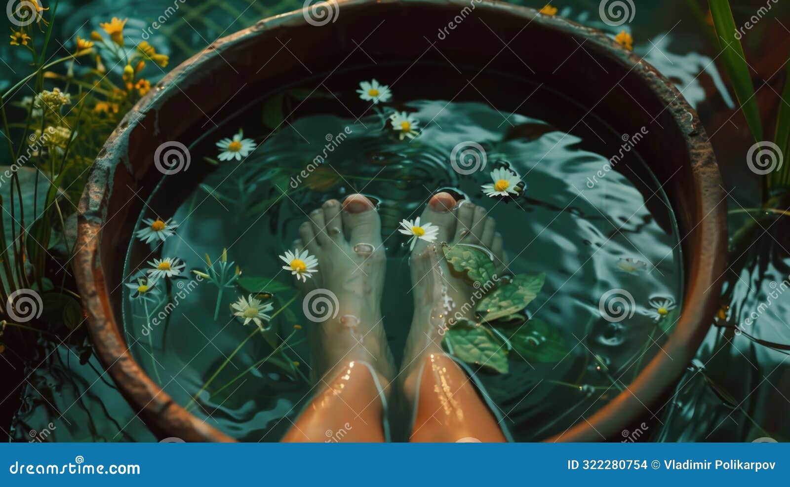 A Close Up View Of A Person S Feet Submerged In A Bowl Of Water Surrounded By Daisies Stock