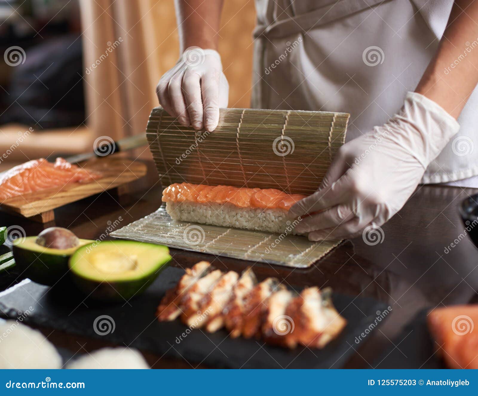 Process of Preparing Rolling Sushi Stock Image - Image of kitchen ...