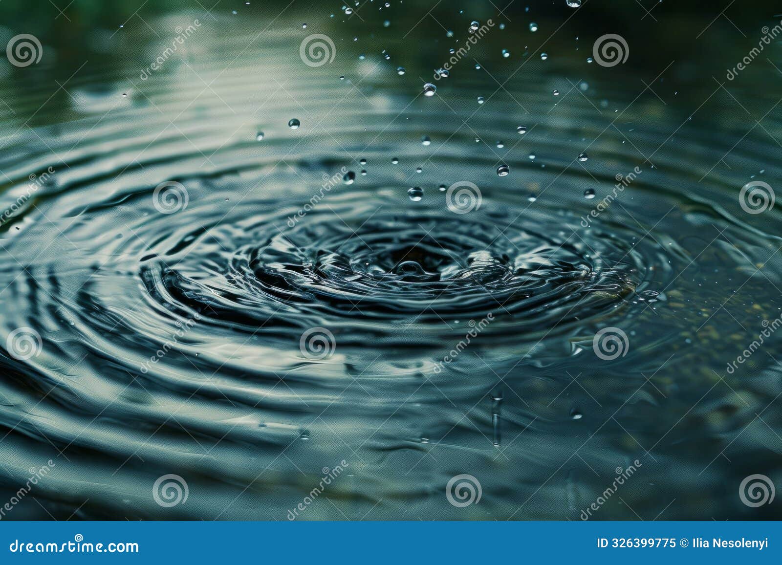 Close-up View of a Raindrop Hitting a Puddle, Creating Concentric ...