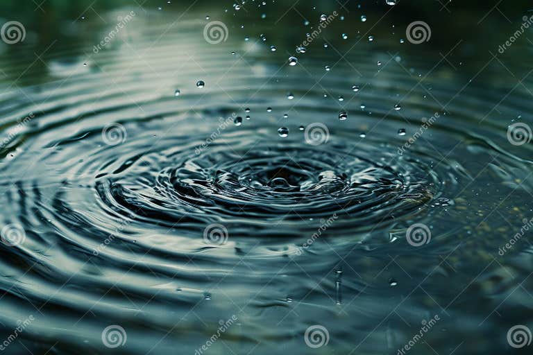 Close-up View of a Raindrop Hitting a Puddle, Creating Concentric ...