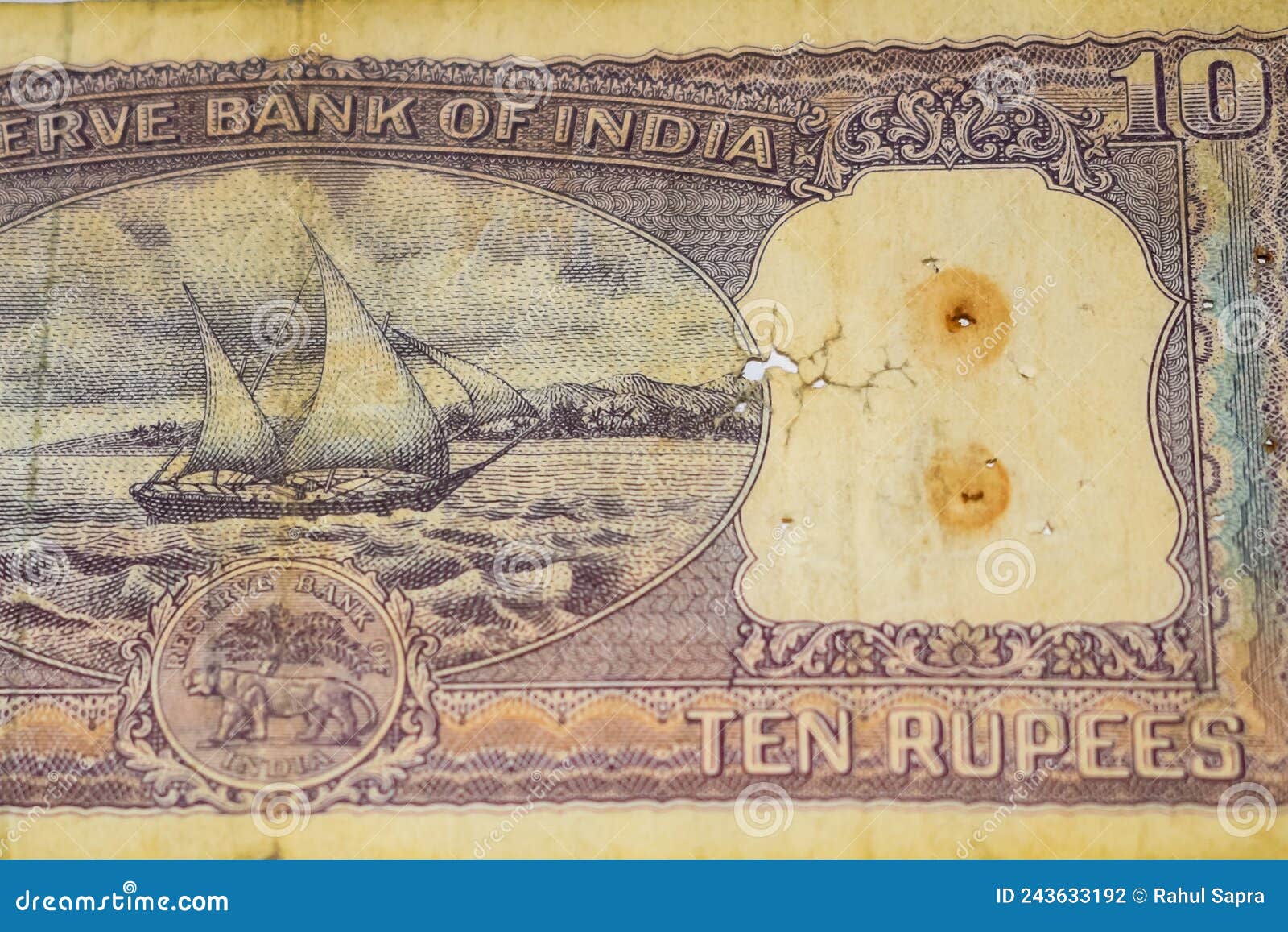 Close Up View of Rare Ten Rupee Note on the Table, Old Indian Currency ...