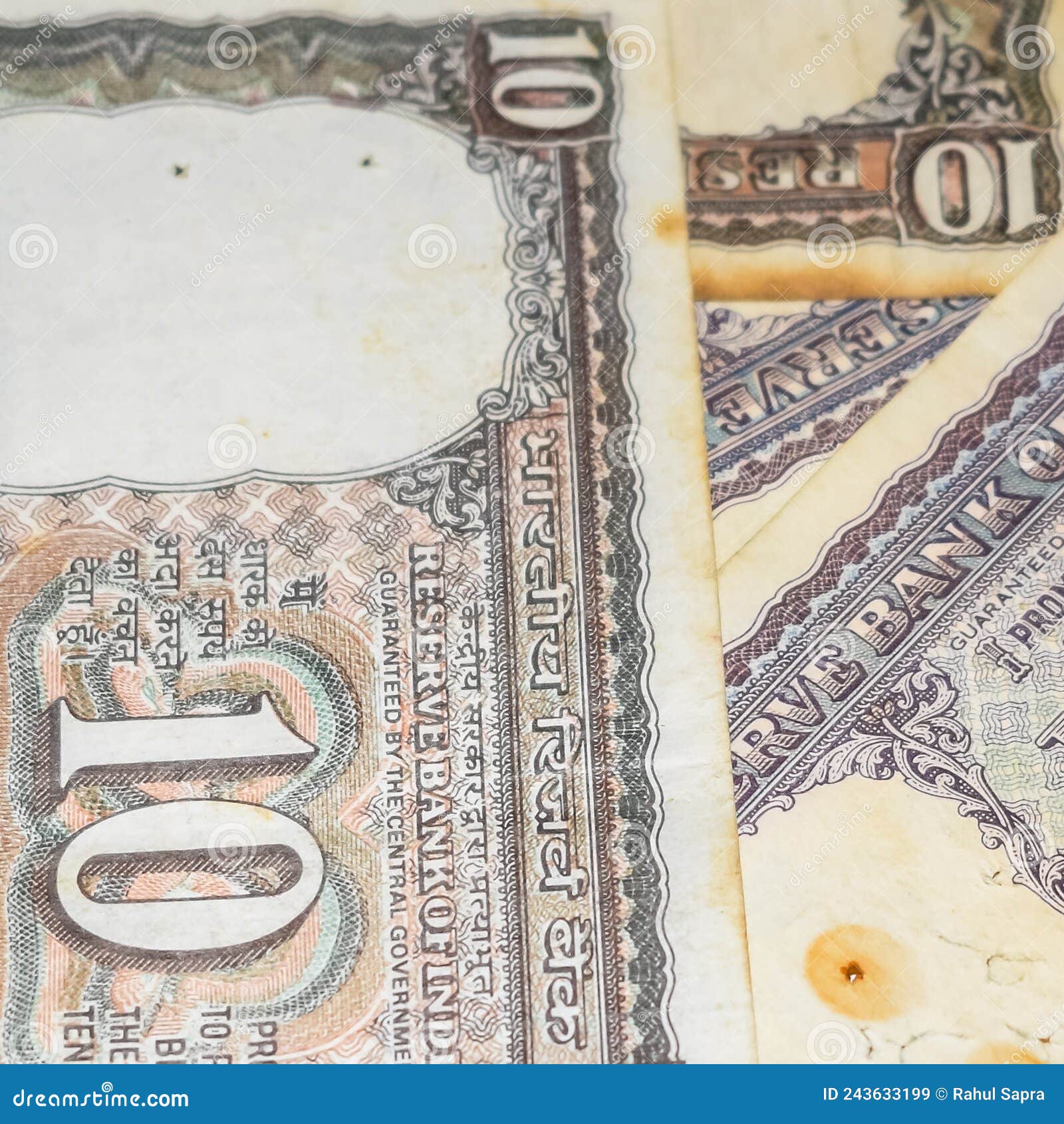 Close Up View of Rare Ten Rupee Note on the Table, Old Indian Currency ...