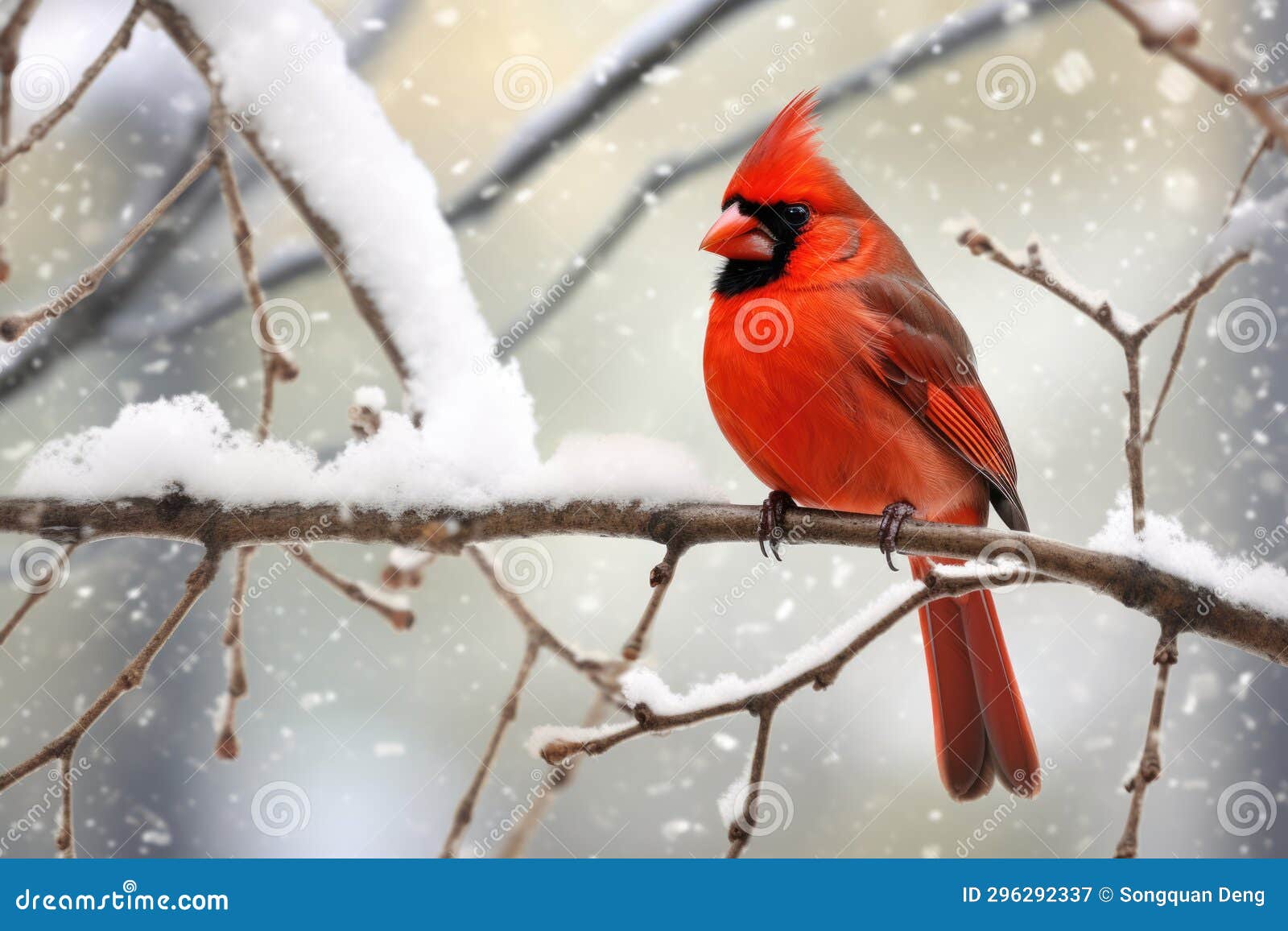 Close-up View of Red Northern Cardinal Rest on Tree in Snow in Winter ...
