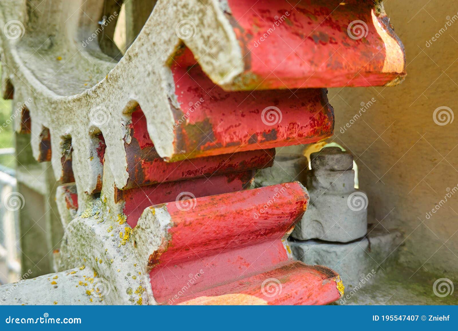 Close-up View of the Red Painted Gears of a Large Mechanical Machine ...