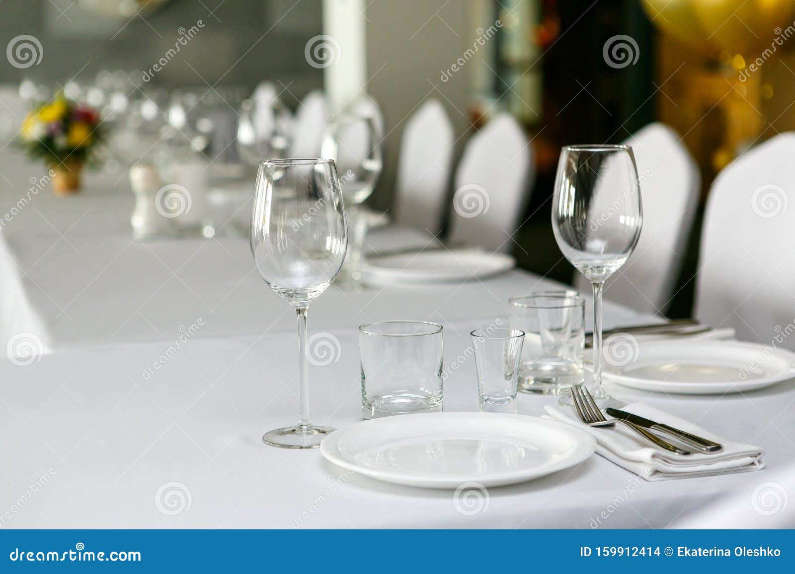 A Close Up View of Restaurant Table Set with Wine Glasses Stock Photo ...