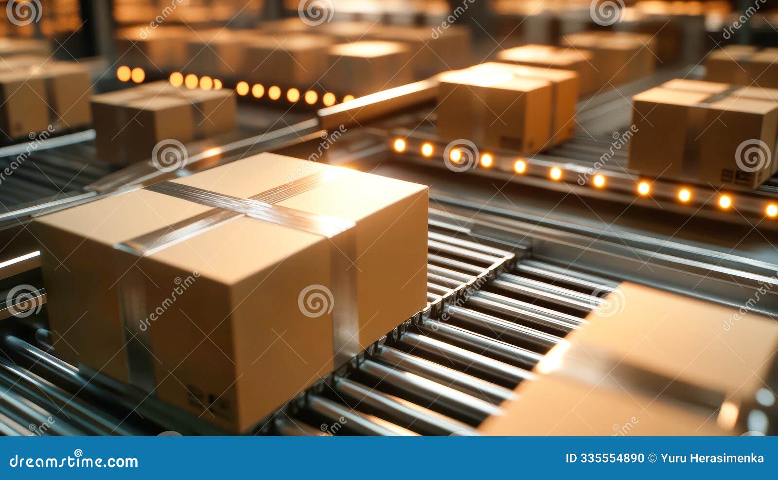 A Close-up View Reveals Shiny Boxes Moving Along A Conveyor Belt In A Darker Setting ...