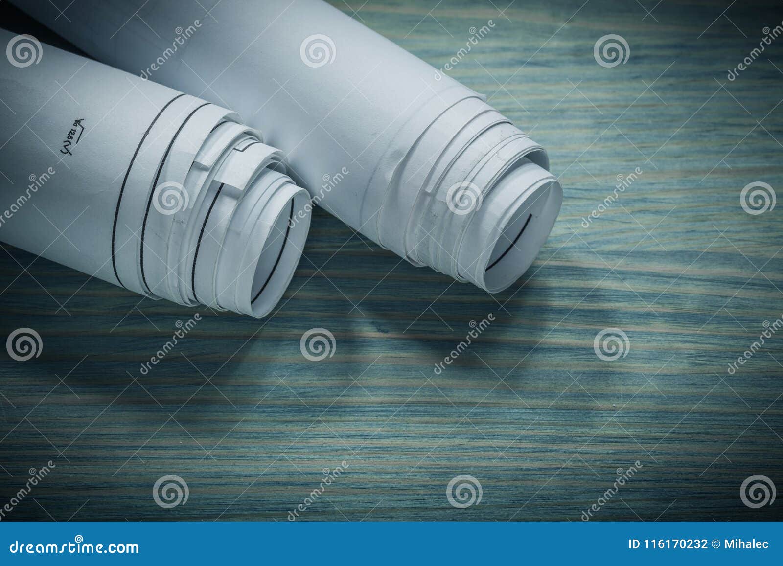 Close Up View Rolled Blueprints on Board Stock Photo - Image of ...