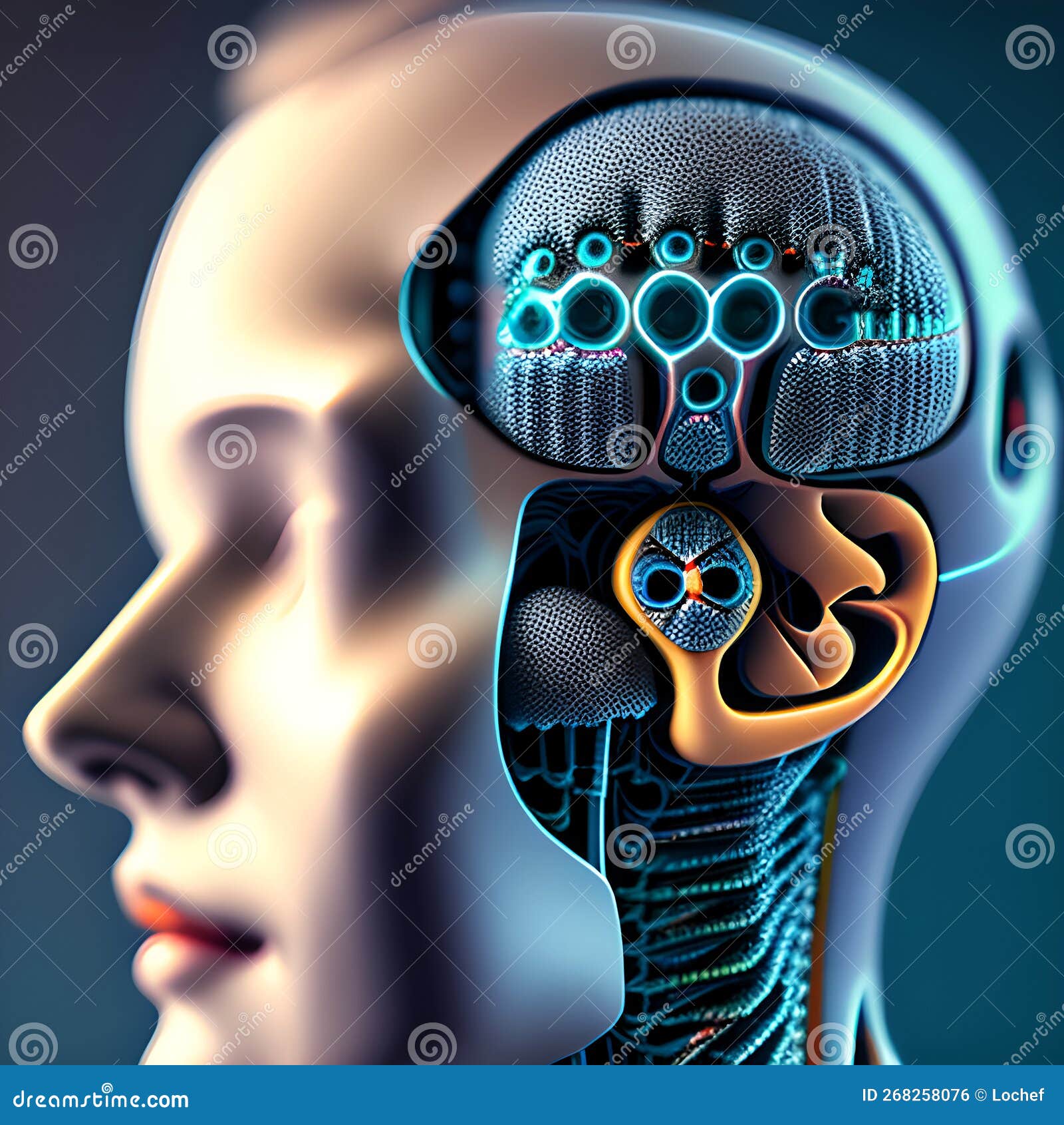 Close Up View Section of Cybernetic Brain Inside a Being with Quantum ...