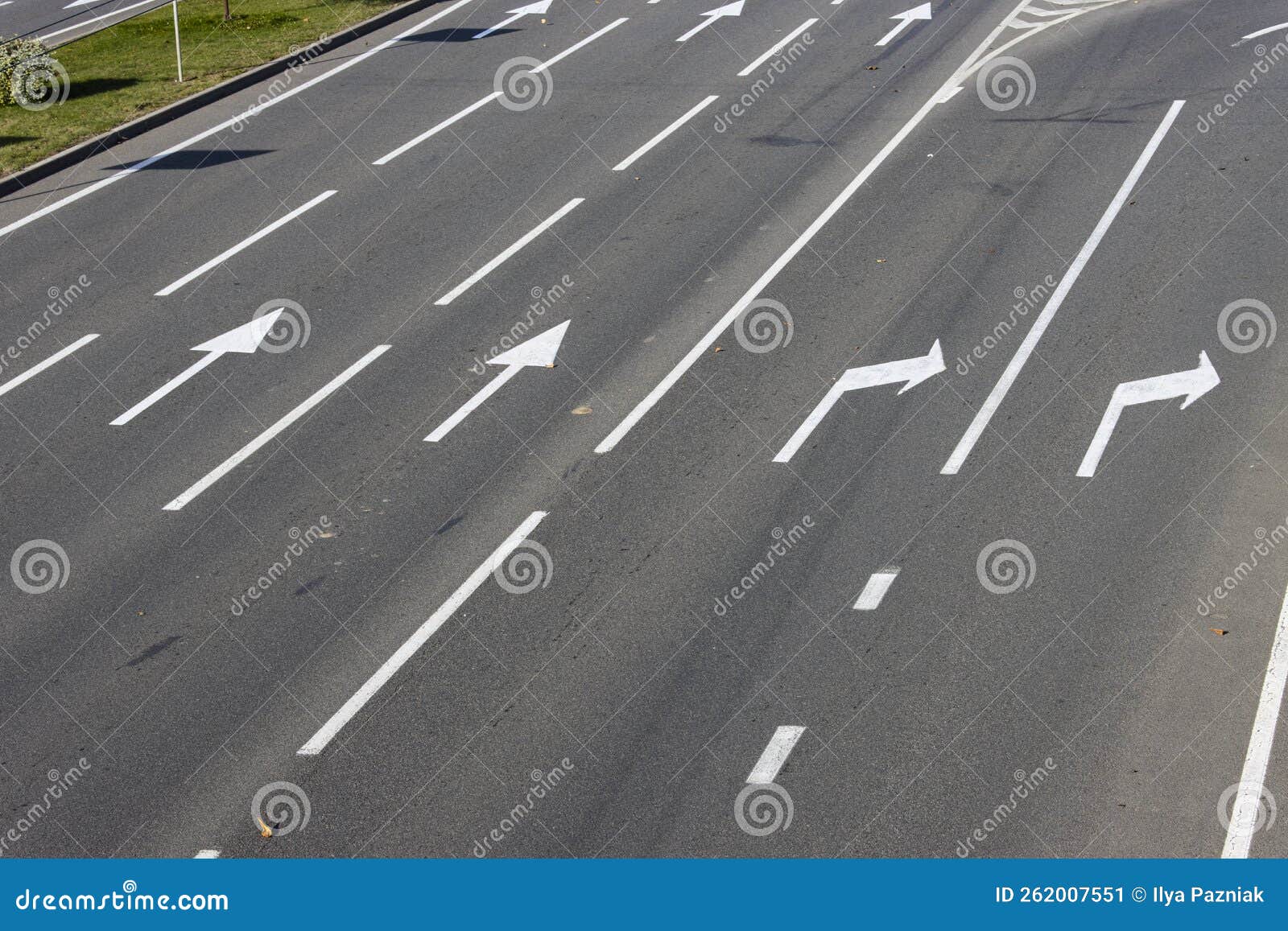 Close-up View of a Section of a Multi-lane Freeway and Its Exit. Road ...
