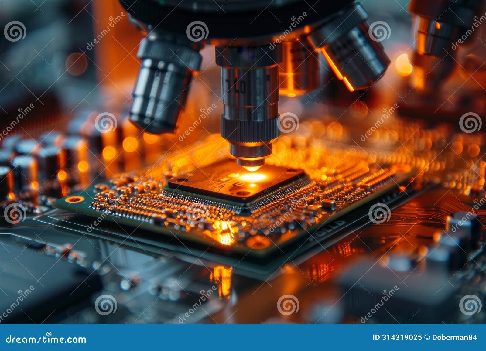 Close-up View of a Semiconductor Chip with Glowing Circuits Under ...