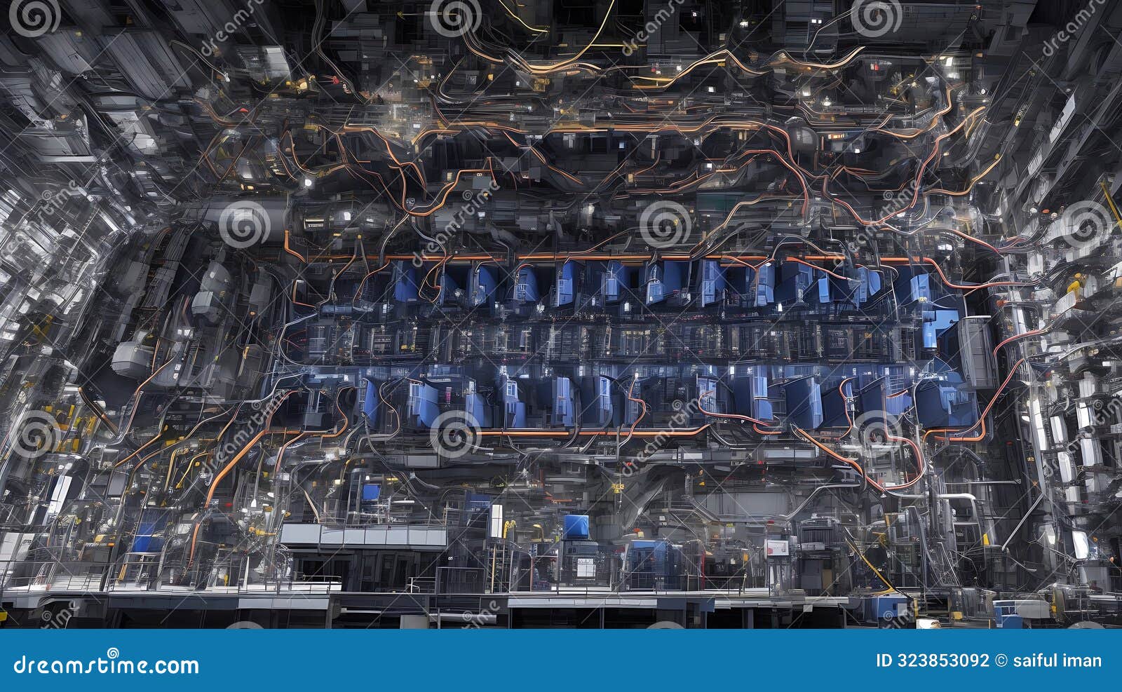 Close Up View of a Server Rack with Complex Wiring and Glowing Lights ...