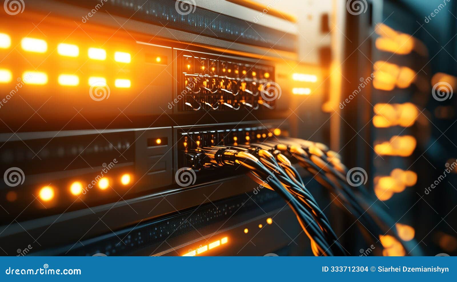 Close-up View of a Server Rack with Illuminated Network Connections and ...