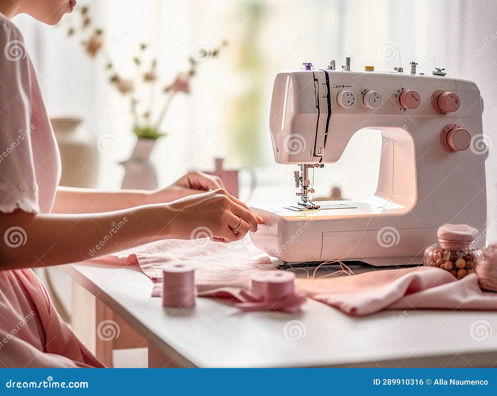 Close-up View of the Sewing Process. Female Hands Sewing White Fabric ...