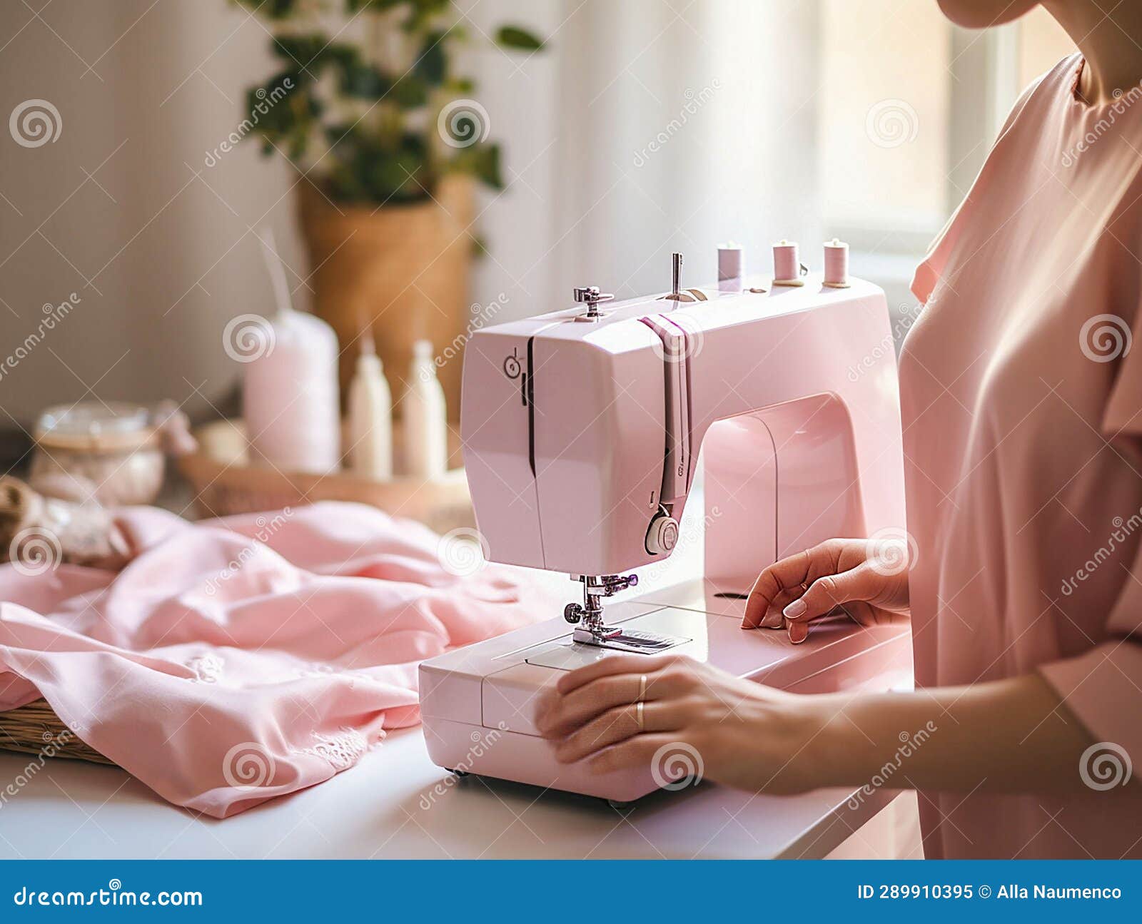 Close-up View of the Sewing Process. Female Hands Sewing White Fabric ...