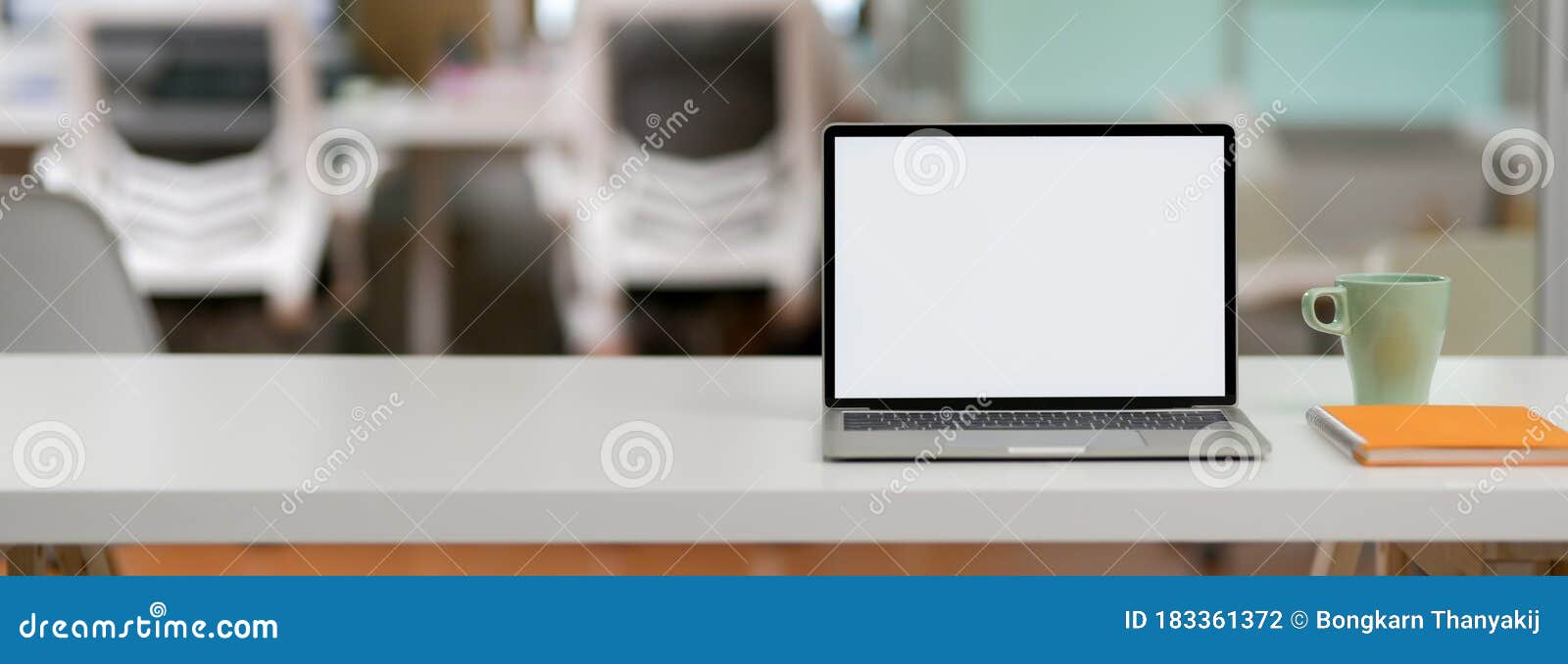 Close Up View of Simple Office Desk with Blank Screen Laptop and Copy ...