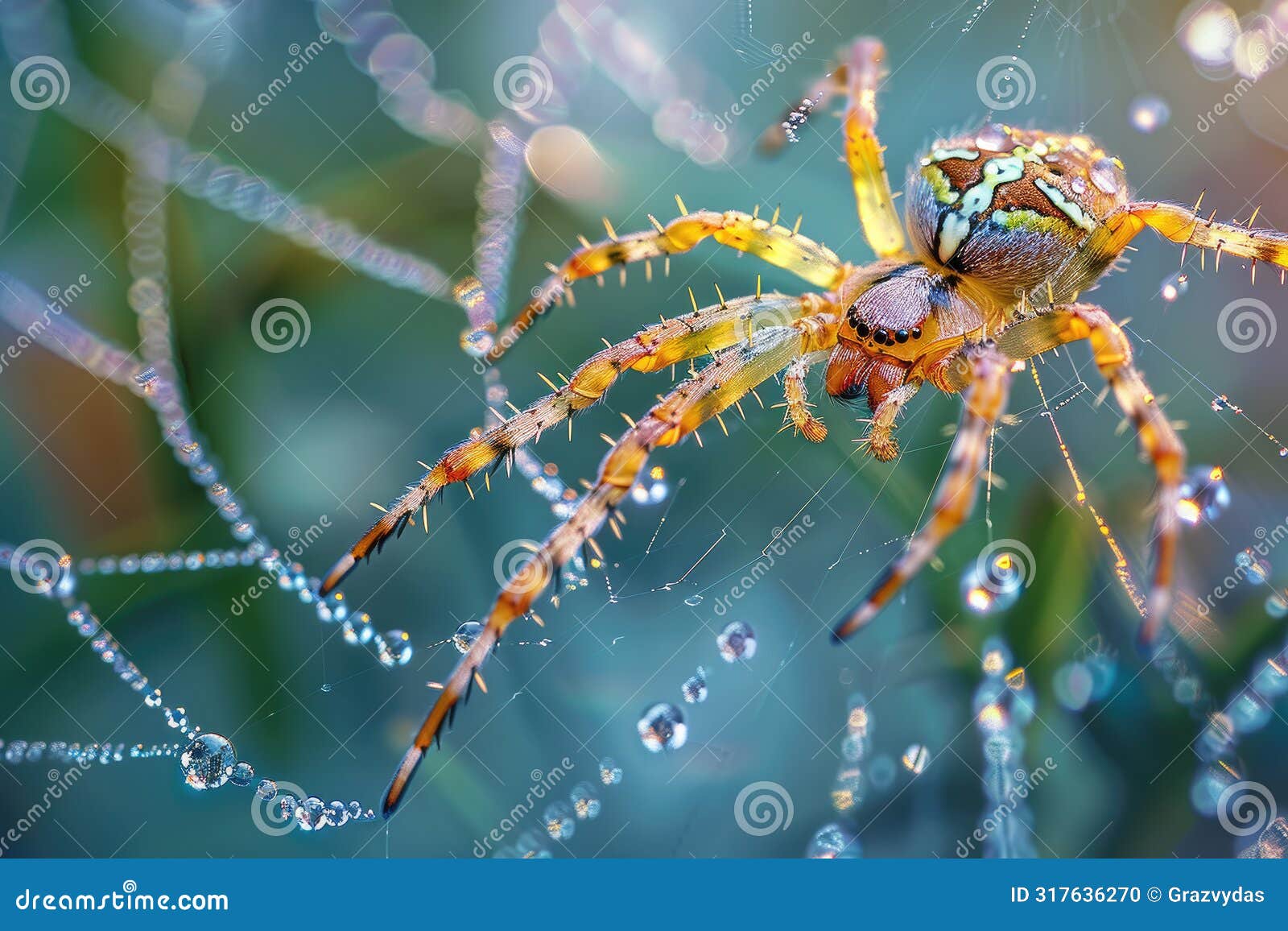 Close-up View of a Spider on His Web Dripping with Dewdrop Stock ...