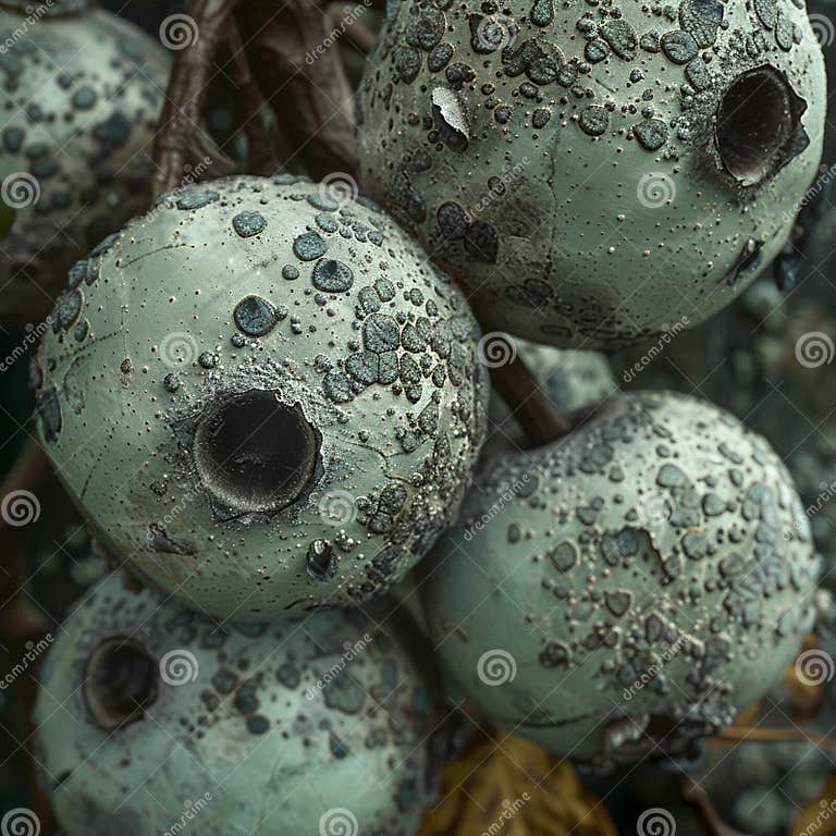 Close-up View of Textured Spherical Objects Covered in Droplets on a ...
