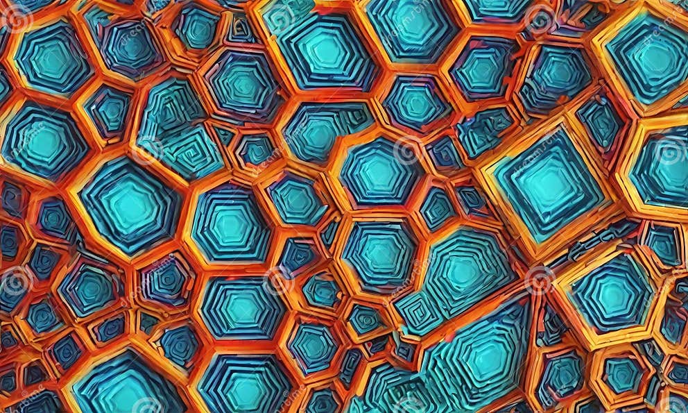 Close-up View Textured Surface with Repeating Pattern Orange and Blue Hexagonal Shapes, Creating ...