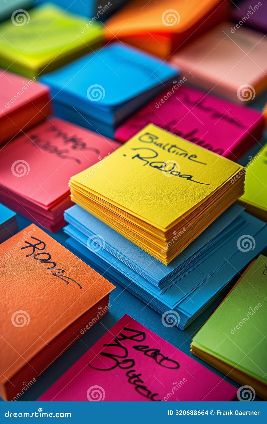 Close Up View of Vibrant, Stacked Sticky Notes, Each Labeled with ...