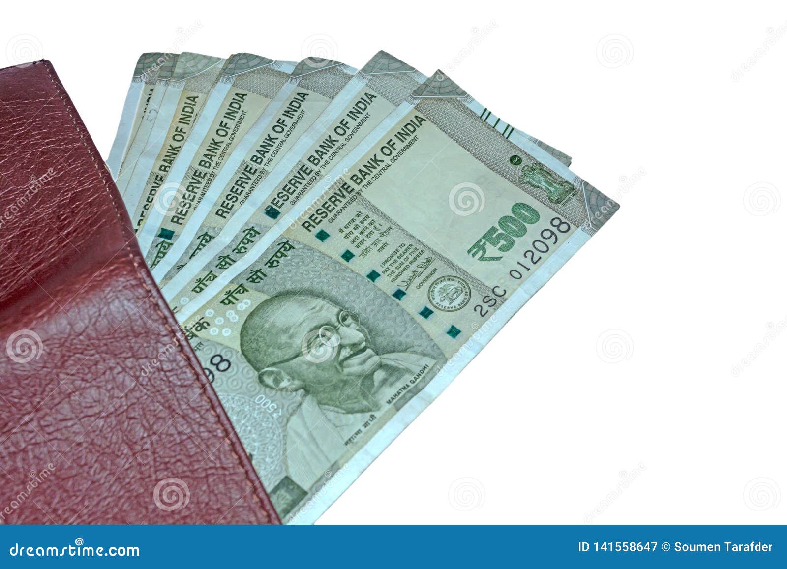 Close Up View of Wallet and 500 Rupees Indian Notes on White Isolated ...