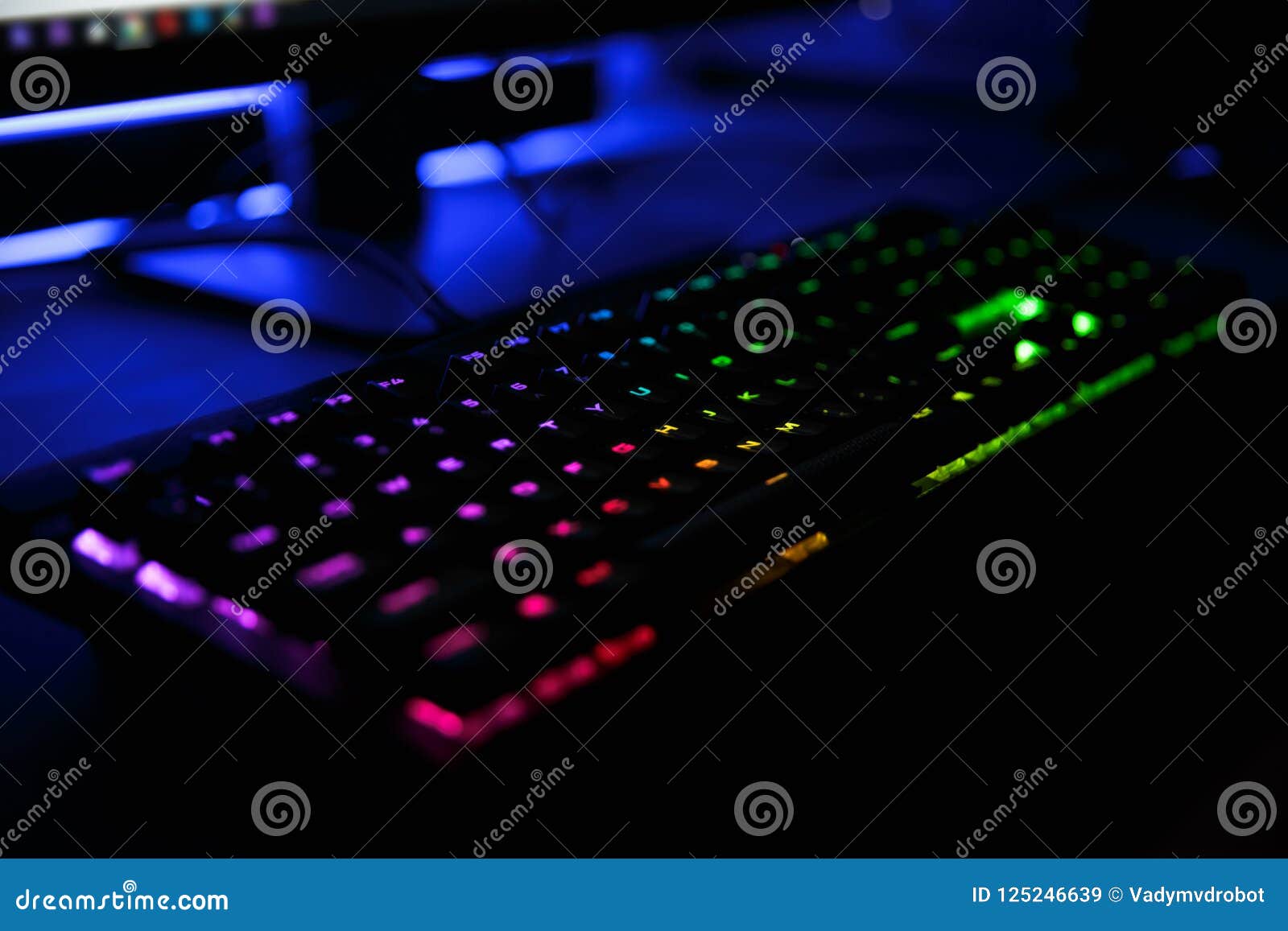 Close Up View of Workplace with Led Rainbow Backlight Gaming Key Stock ...