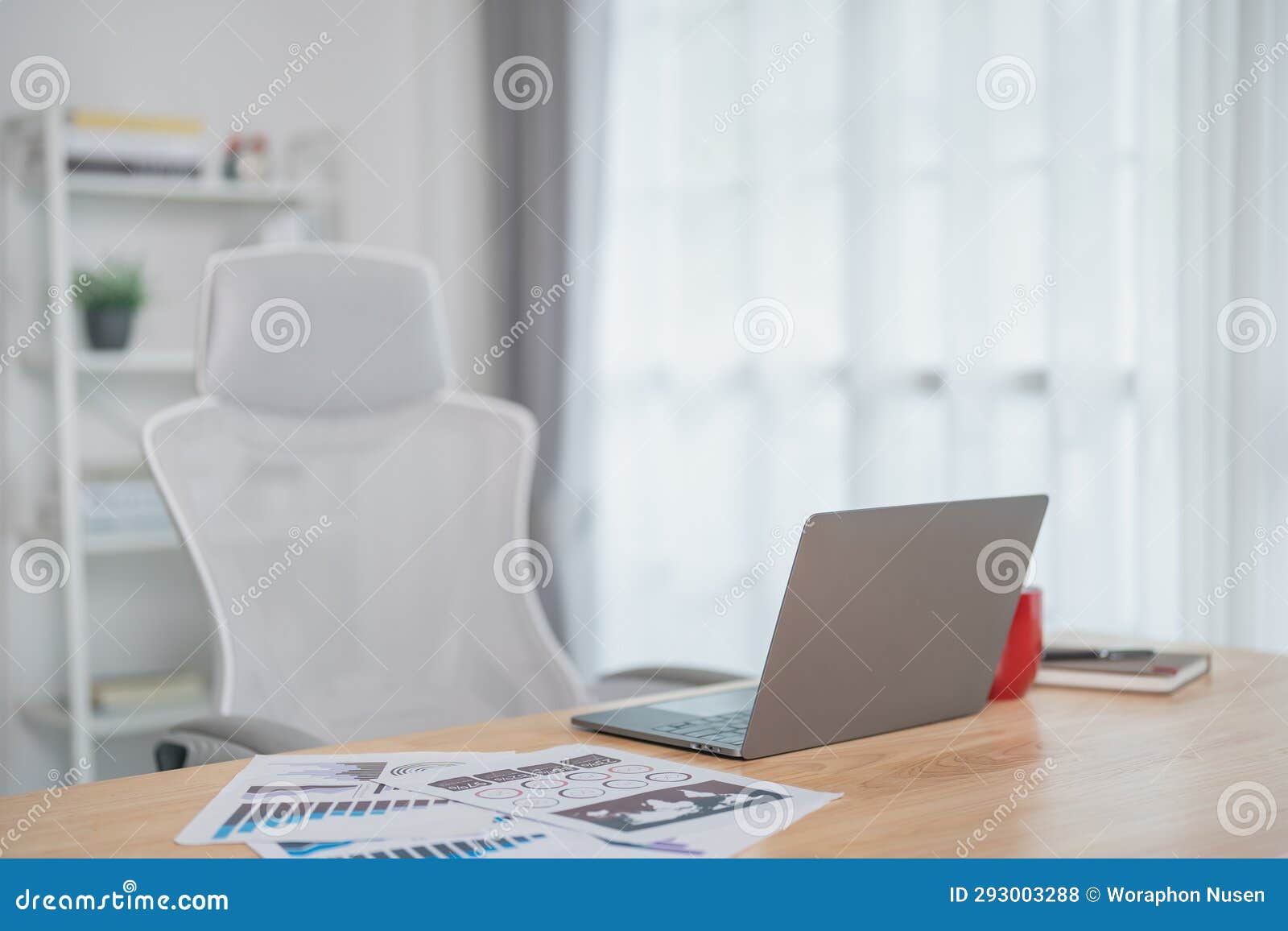 Close Up View of Worktable Workpalce with Laptop, Chart Documents, Red ...