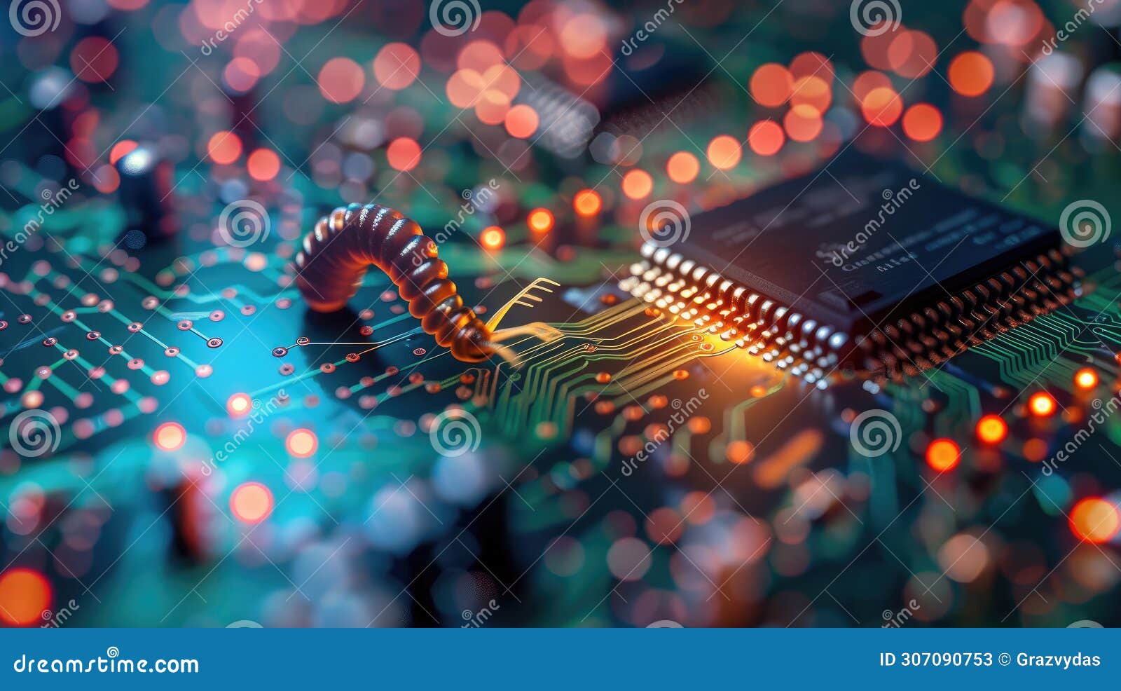Close Up View of a Worm Crawling on a Computer Electronic Circuit Board ...