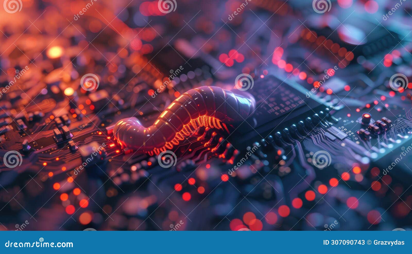Close Up View of a Worm Crawling on a Computer Electronic Circuit Board ...