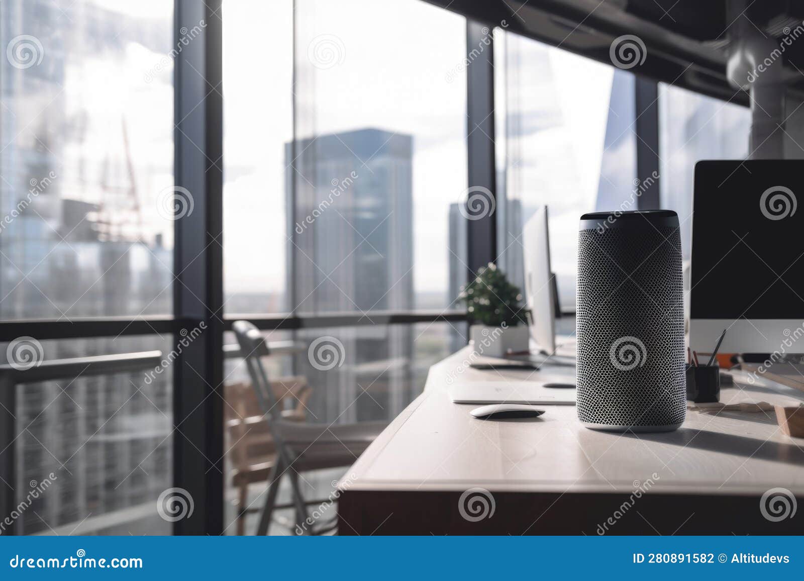 Close-up of Virtual Assistant S Smart Speaker, with View of Busy Office ...