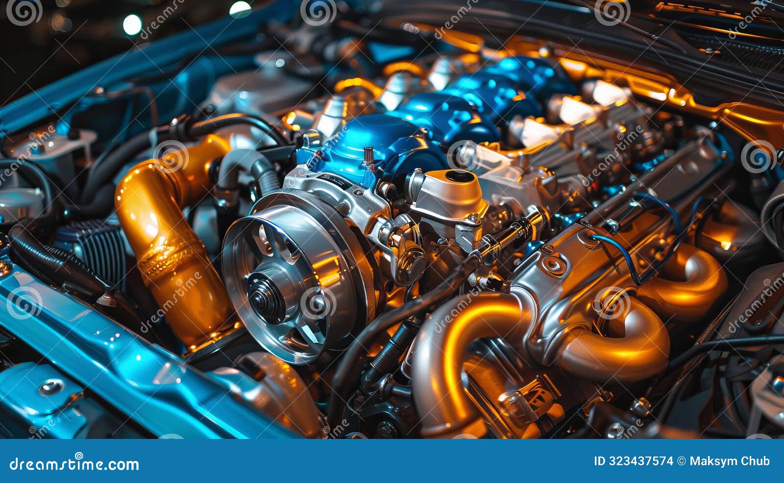 Close Up Of A Visible Car Engine Underneath An Open Hood, Showing ...