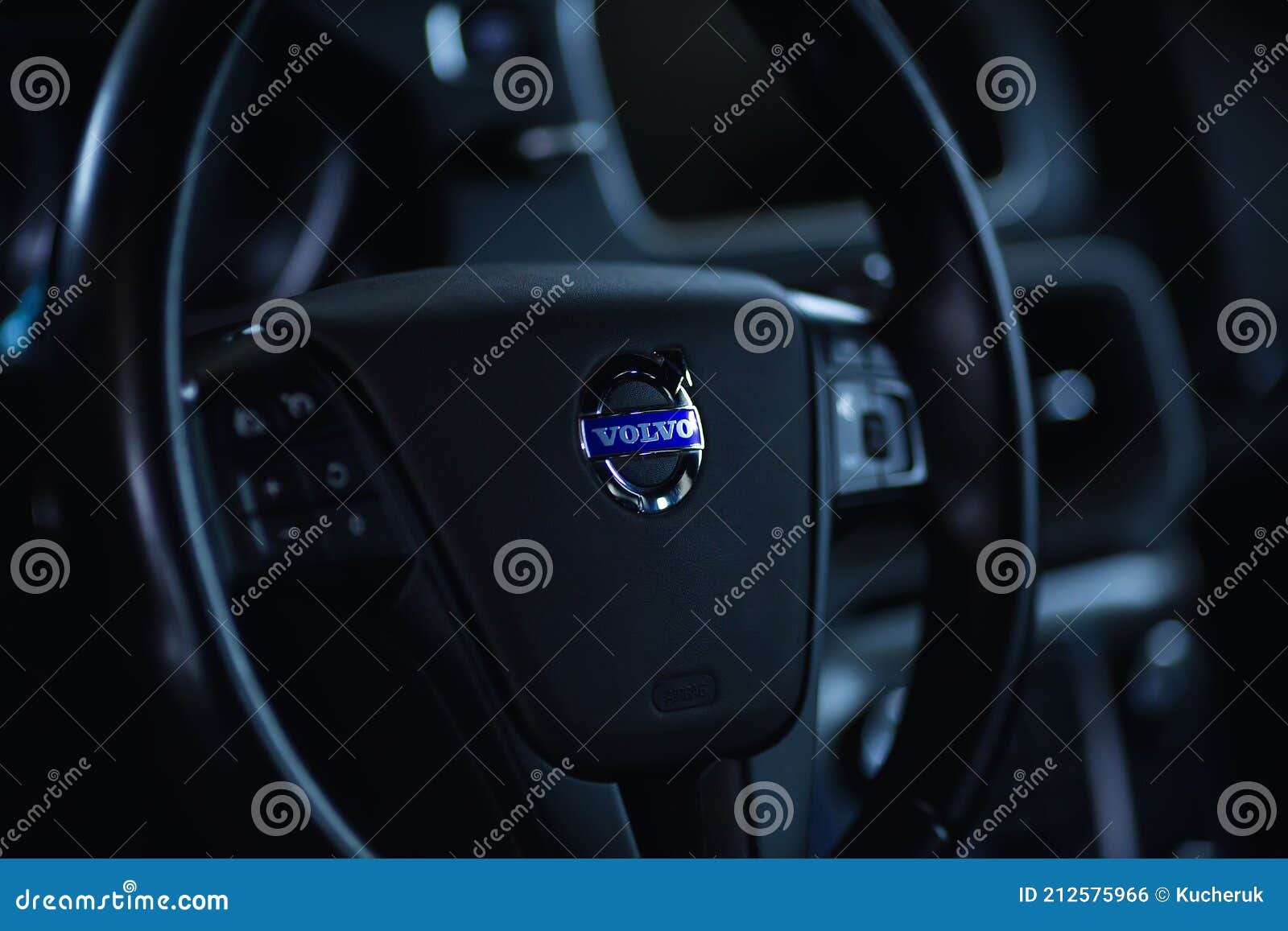 Close Up Volvo Logo on the Steering Wheel. Volvo V40 Dashboard Interior ...