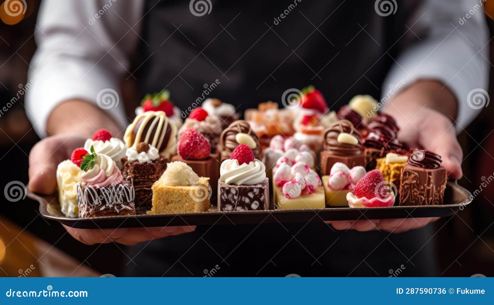 Close-up of the Waiter& X27;s Hands Holding a Tray with Assorted ...