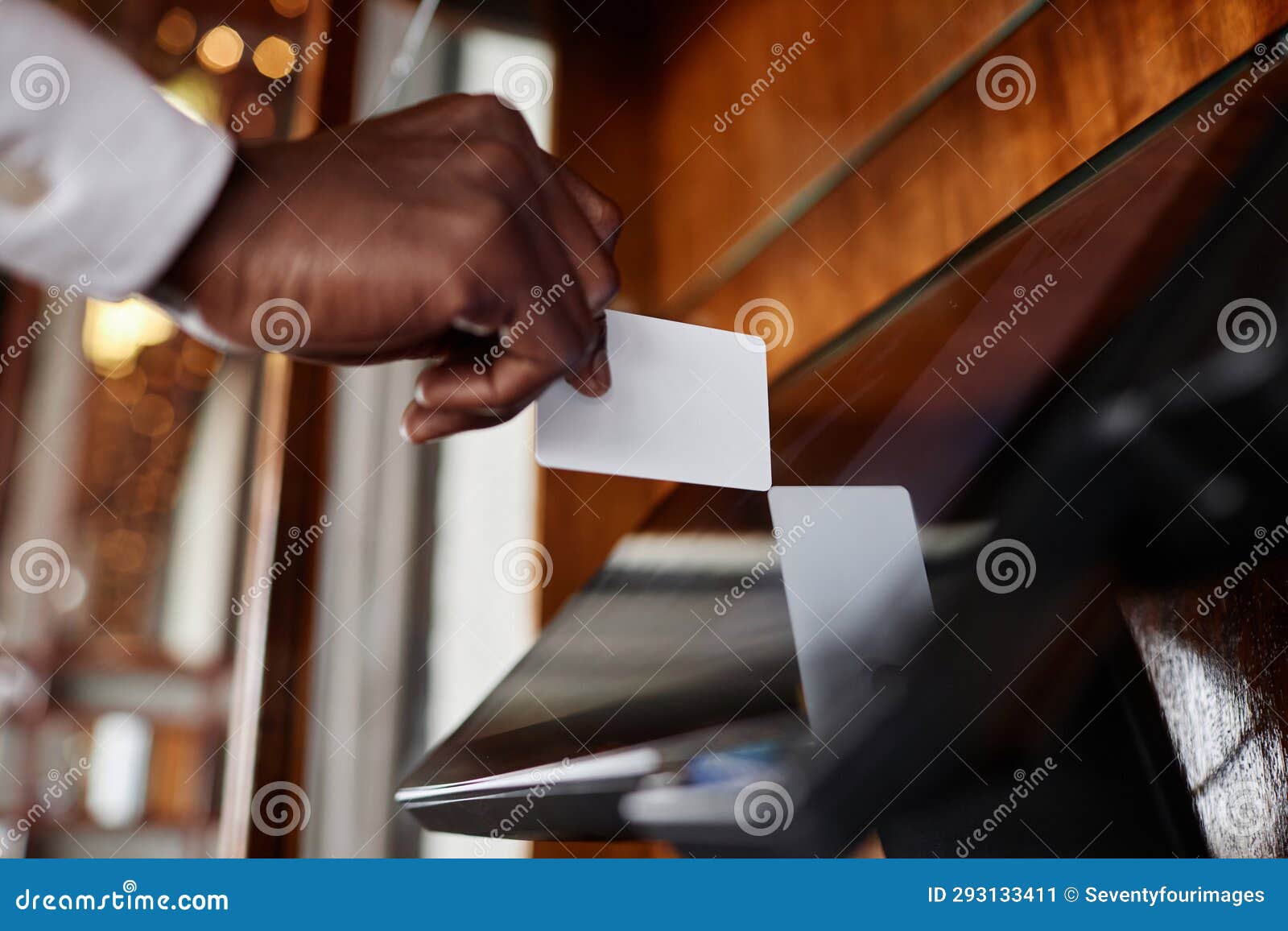 Close Up of Waiter Tapping Computer Screen with ID Card Stock Image ...