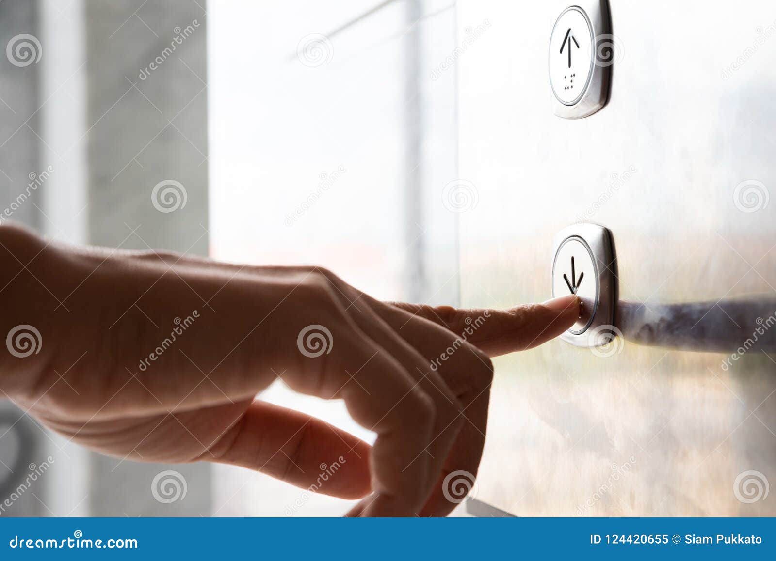 Close Up Woman Hand Press a Down Button of Elevator Stock Image - Image ...