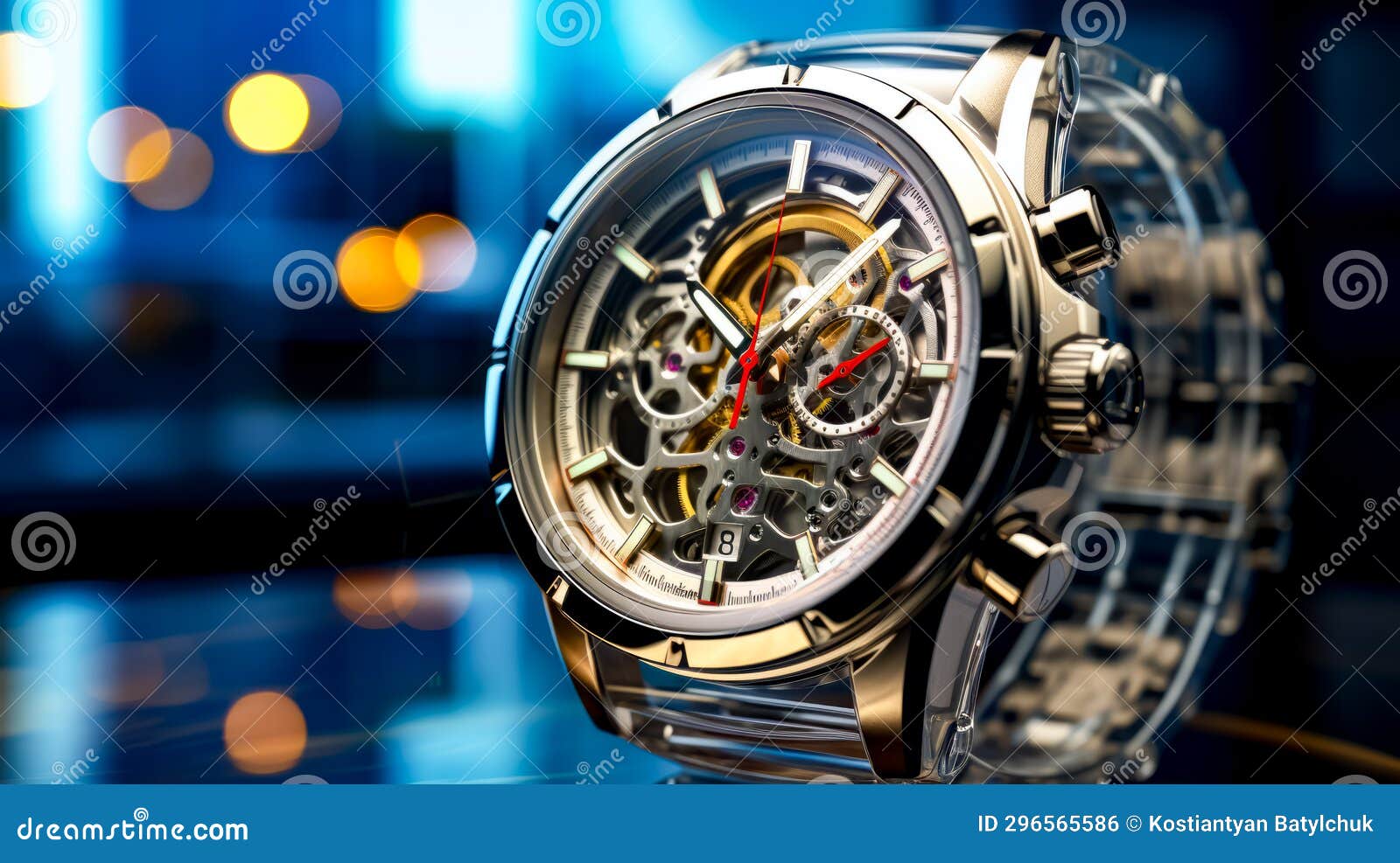 Close Up of Watch on Glass Table with Blurry Lights in the Background ...