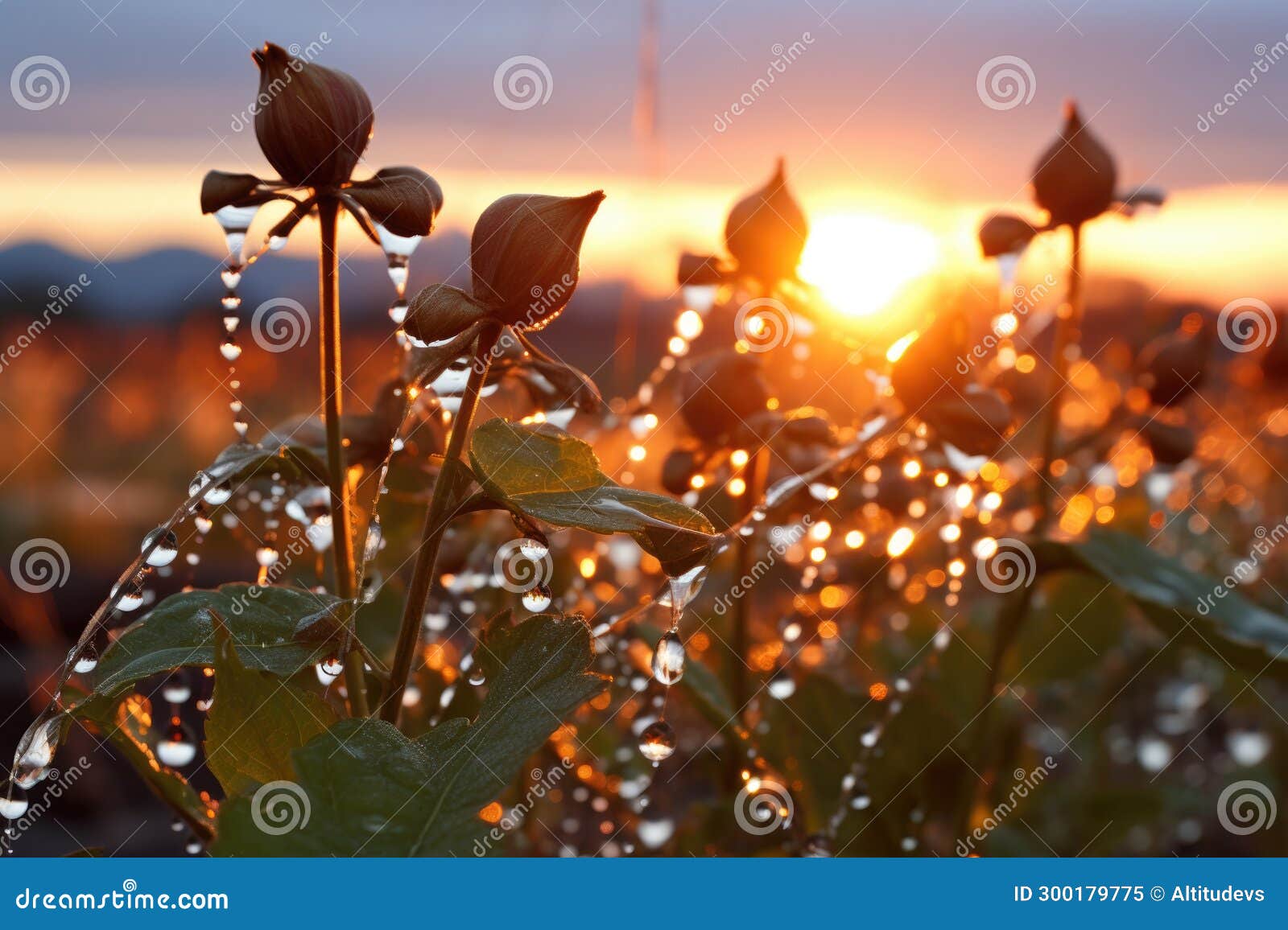Close-up of Water Droplets Spraying from an Irrigation System at Sunset ...