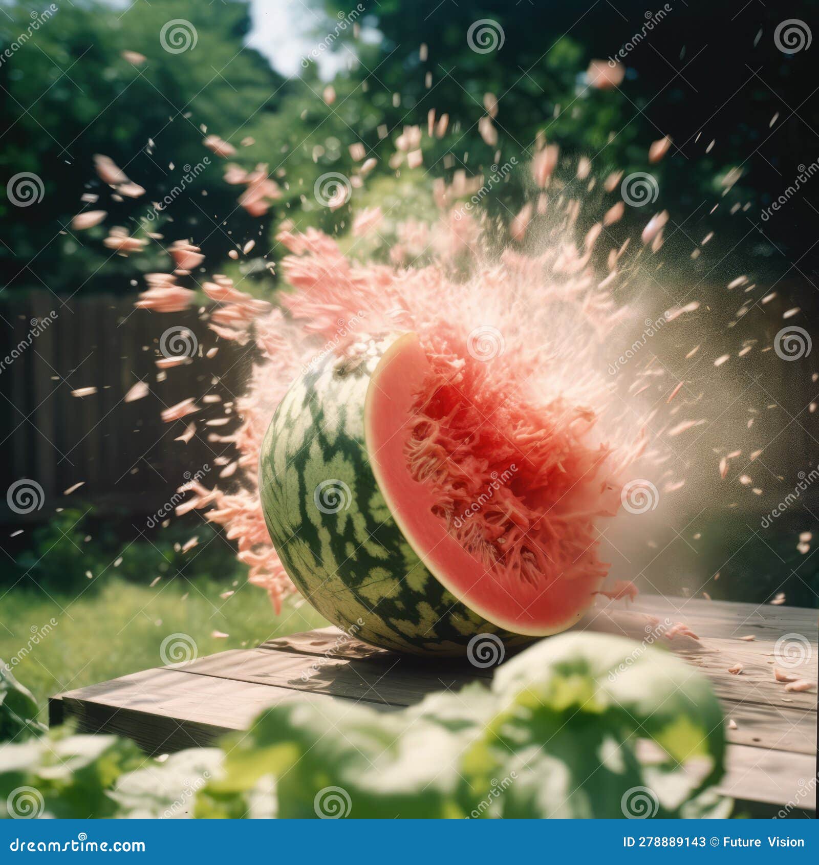 Close Up of Watermelon Exploding on Table in Garden Created Using ...