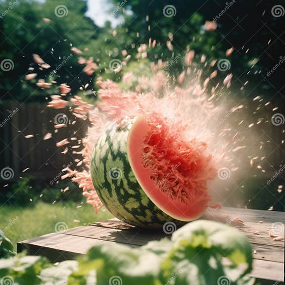 Close Up of Watermelon Exploding on Table in Garden Created Using ...