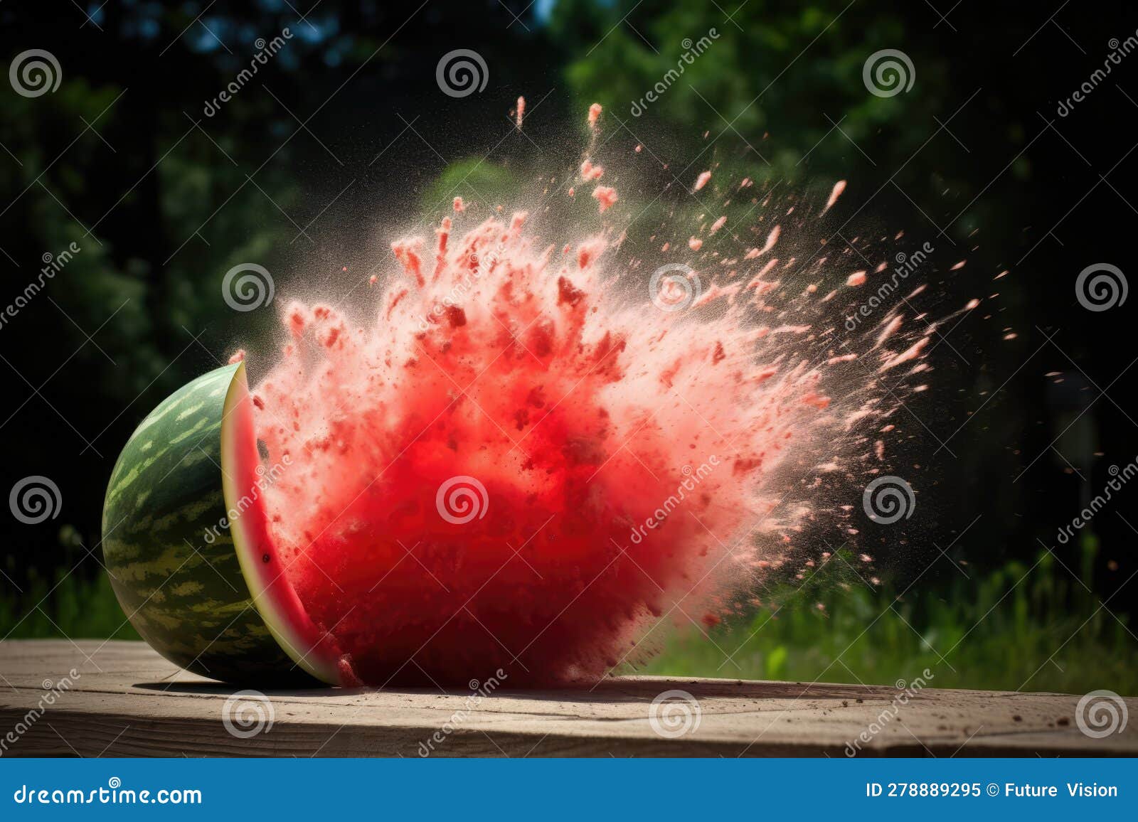 Close Up of Watermelon Exploding on Table in Garden Created Using ...