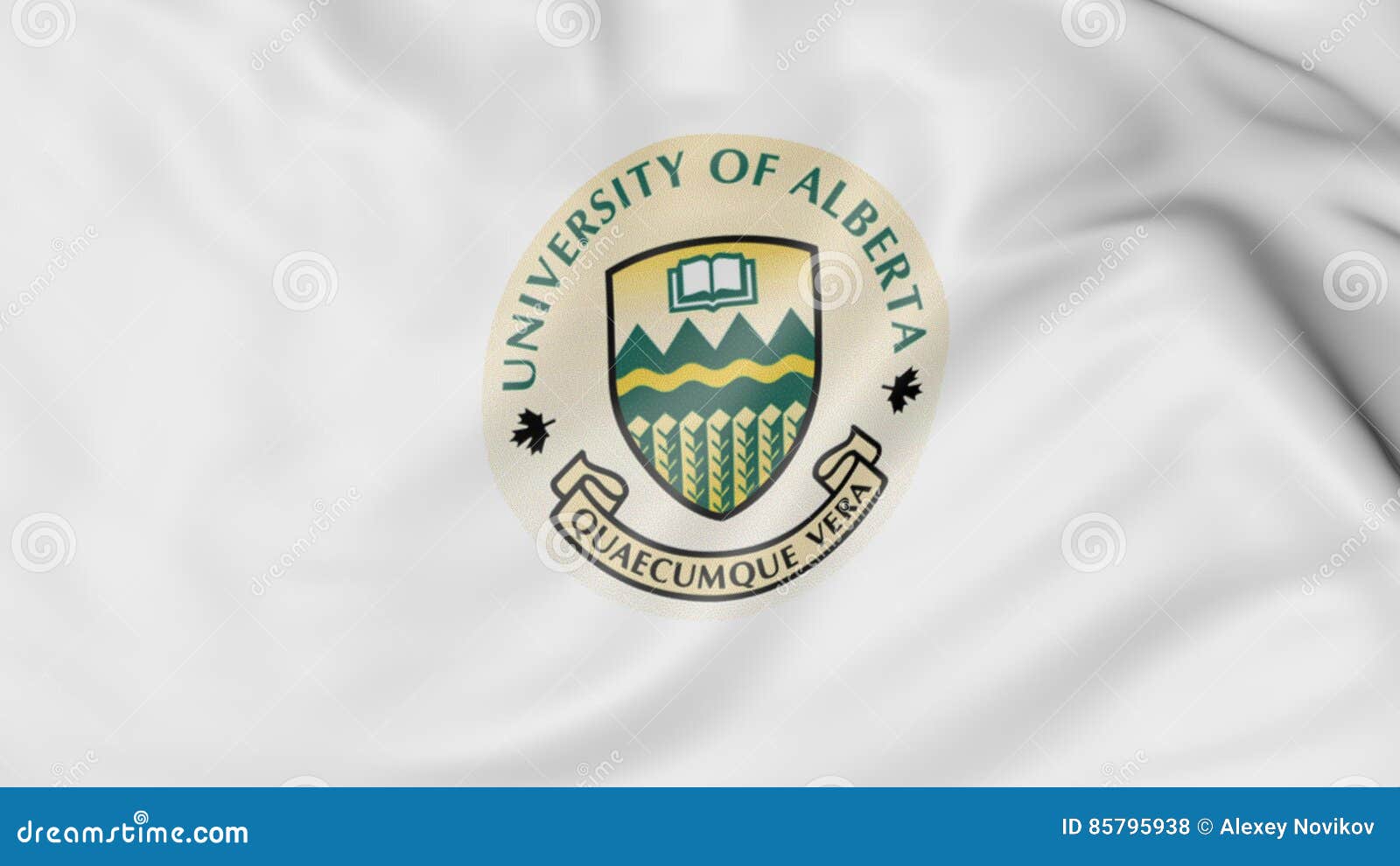 Close-up of Waving Flag with University of Alberta Emblem 3D Rendering ...