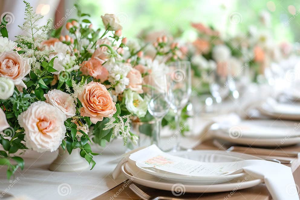 Close Up of Wedding Reception Table Setting with Flower Arrangement ...