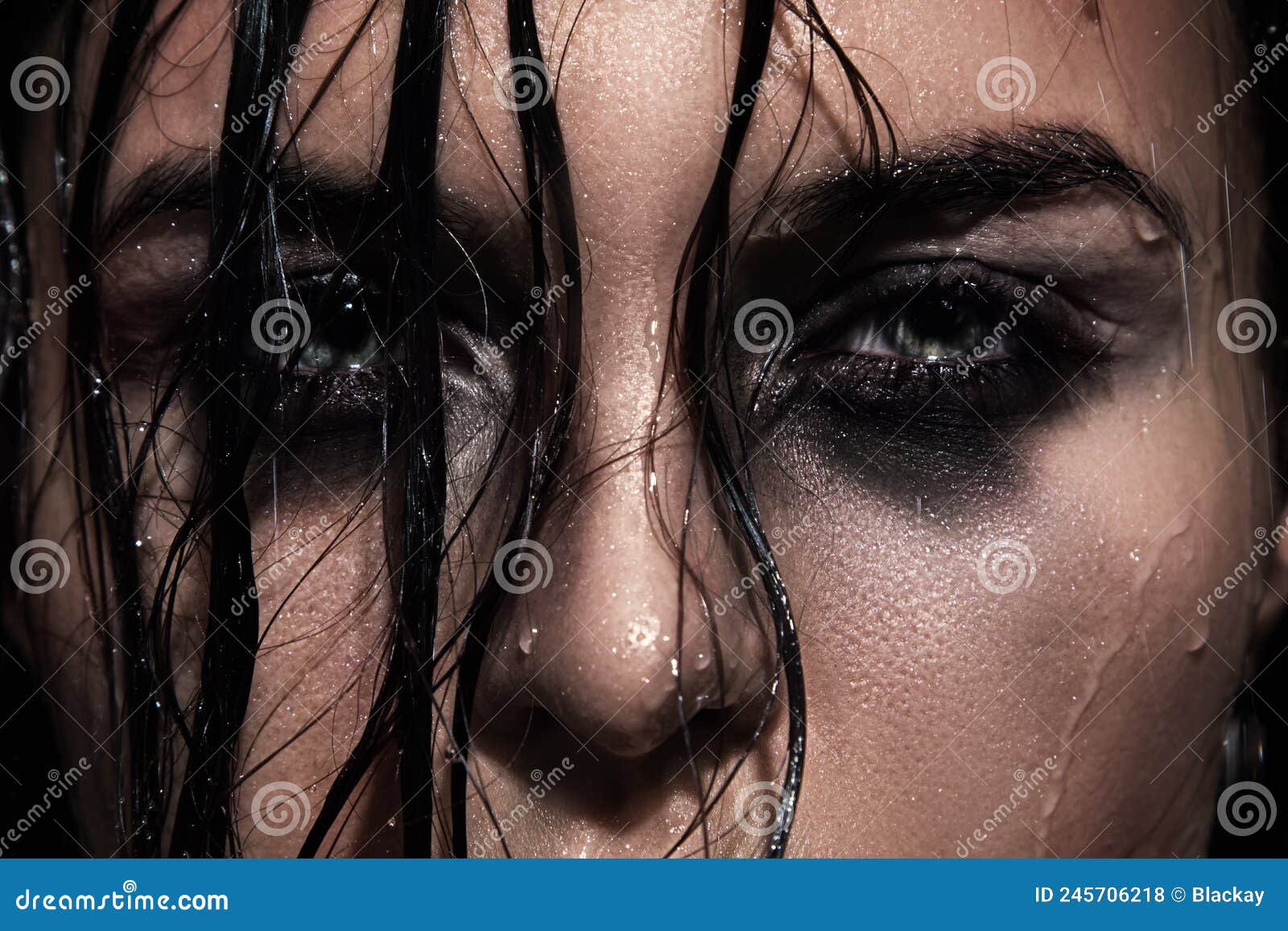 Wet Female Face with a Smeared Makeup Stock Photo - Image of loss ...