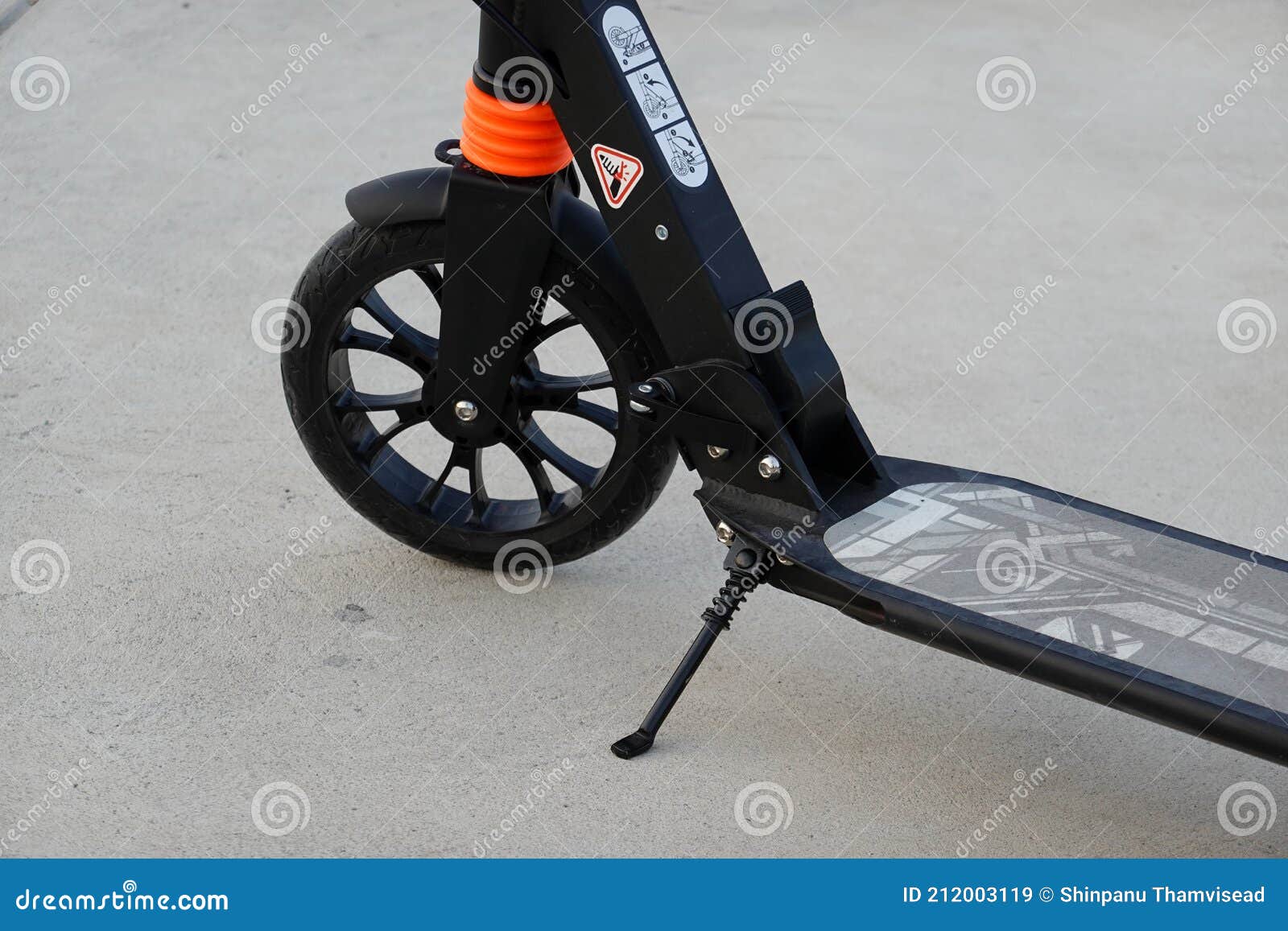 Close Up Wheel and Stand of Scooter Front View on the Road. Kick ...
