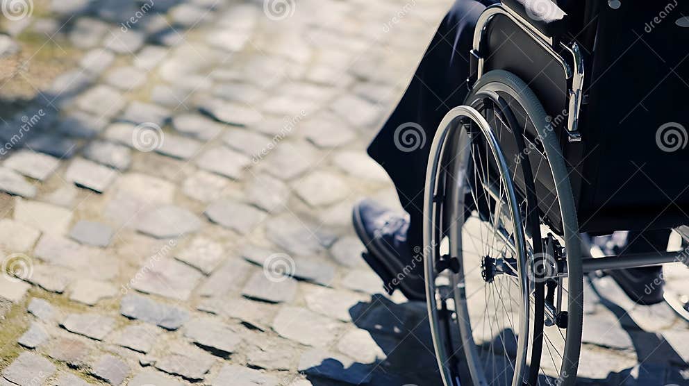 Close-up of a Wheelchair Moving Over a Cobblestone Path, Highlighting ...