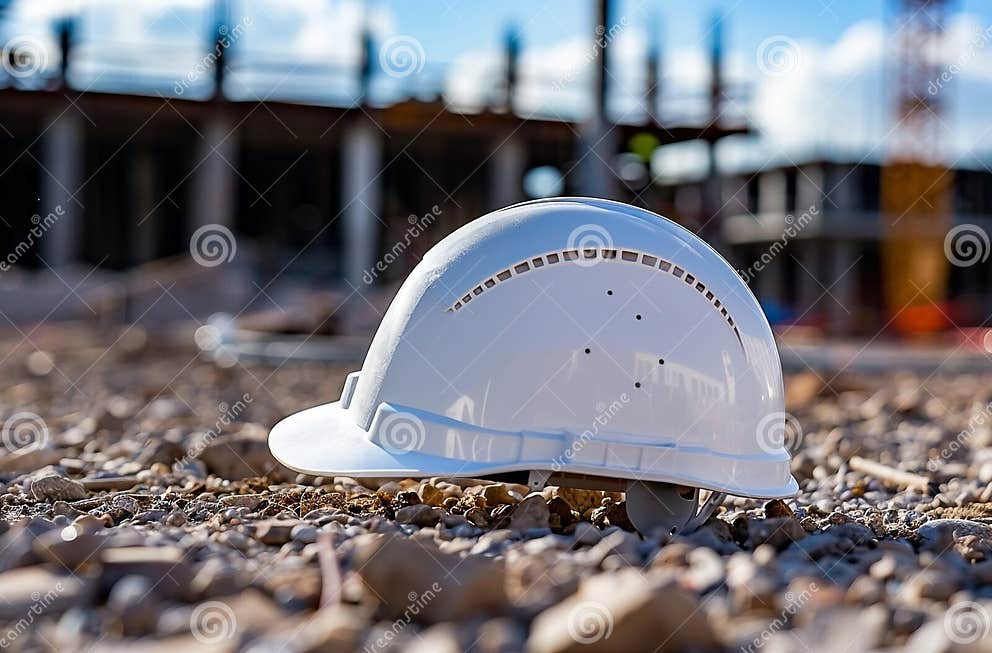 Close-Up of White Construction Helmet on Ground at Work Site in ...