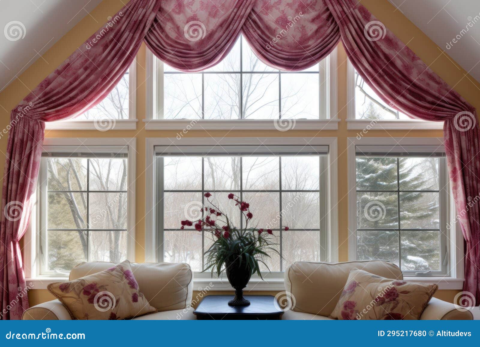 Close-up of Wide Dormer Windows with Different Drapery Styles Stock ...