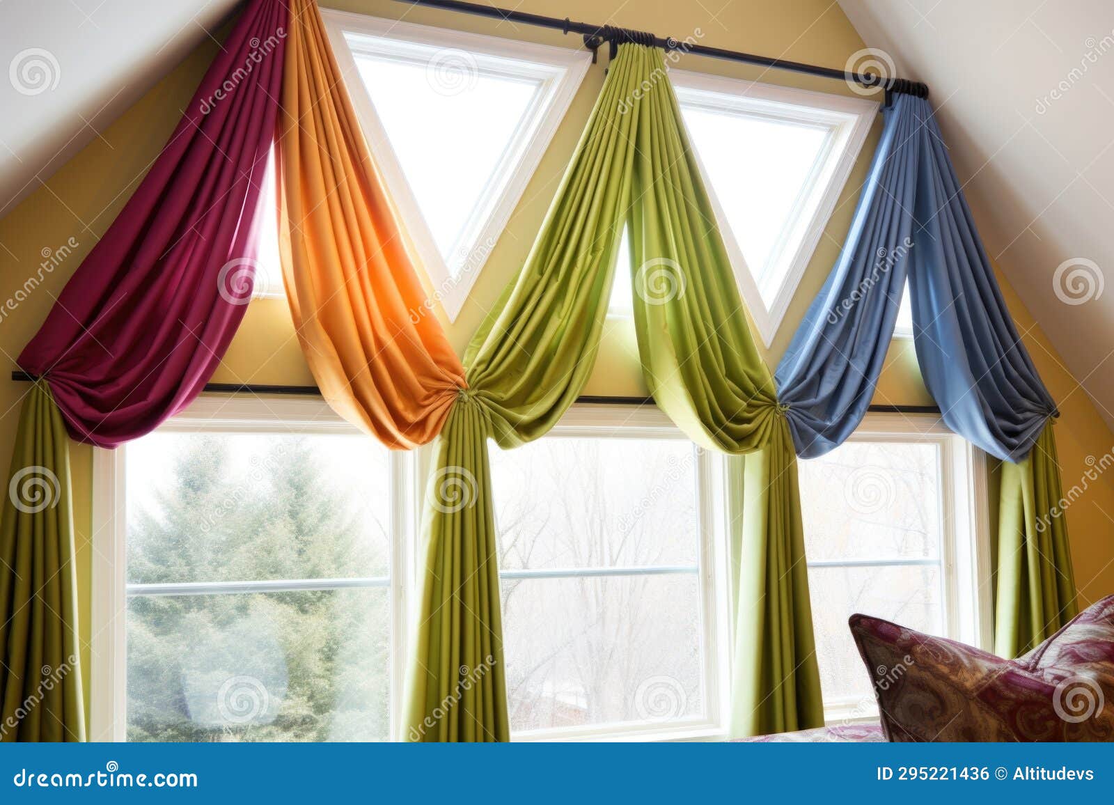 Close-up of Wide Dormer Windows with Different Drapery Styles Stock ...