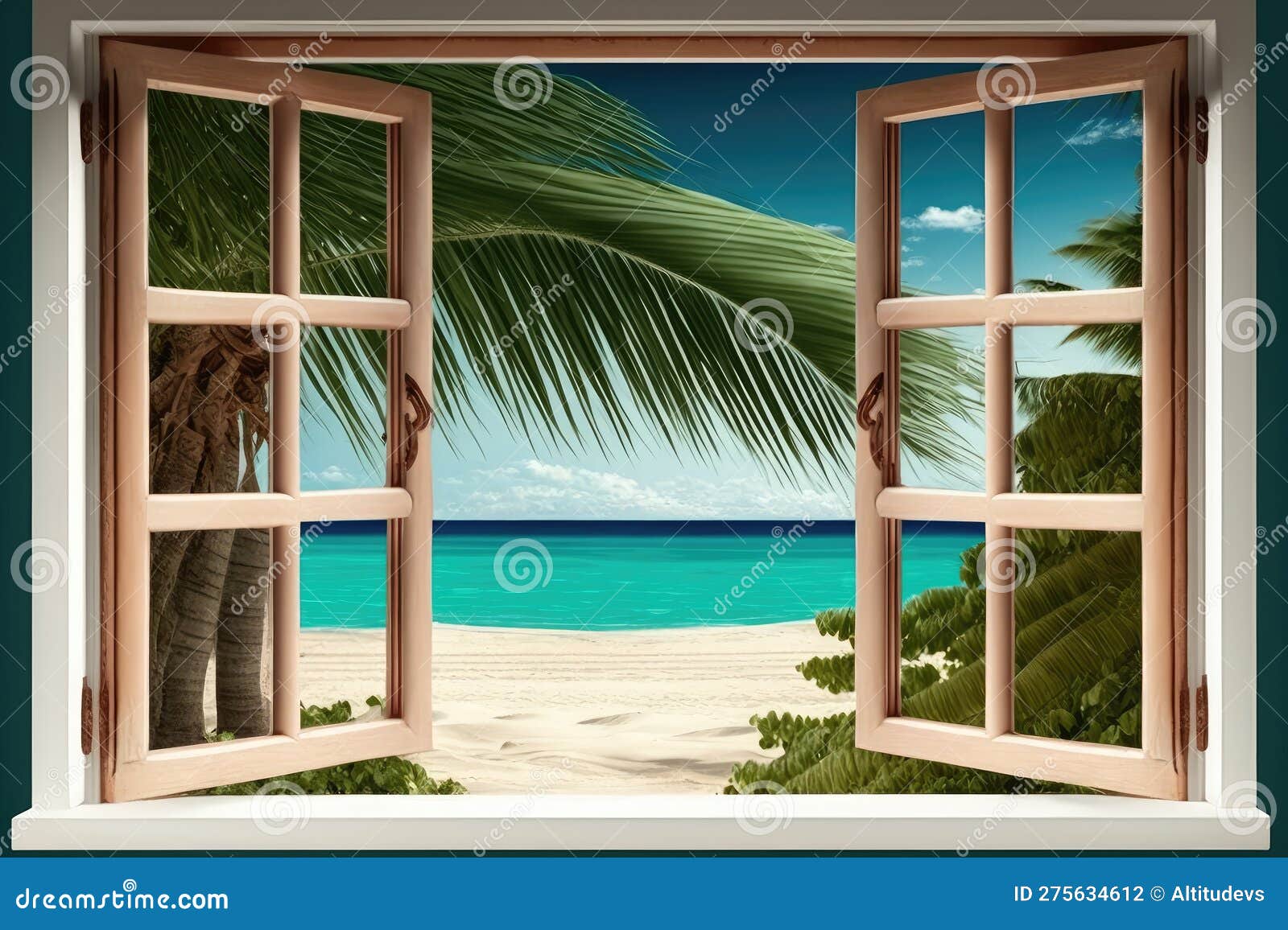 Close-up of Window with View of Tropical Beach and Palm Trees Stock ...