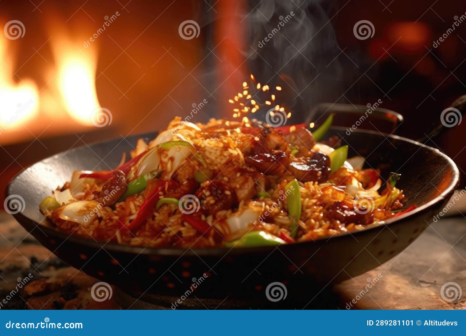 Close-up of Wok Flames Engulfing Rice Dish Stock Image - Image of lunch ...